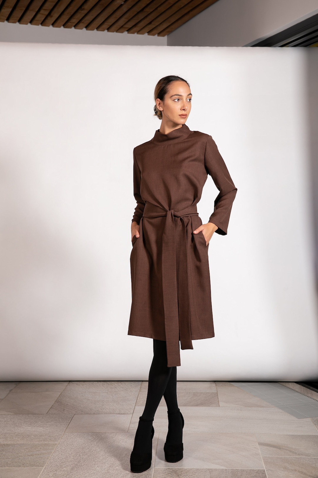 Brown Wool Winter Dress With Turtleneck and Belt, Office Midi Dress ...