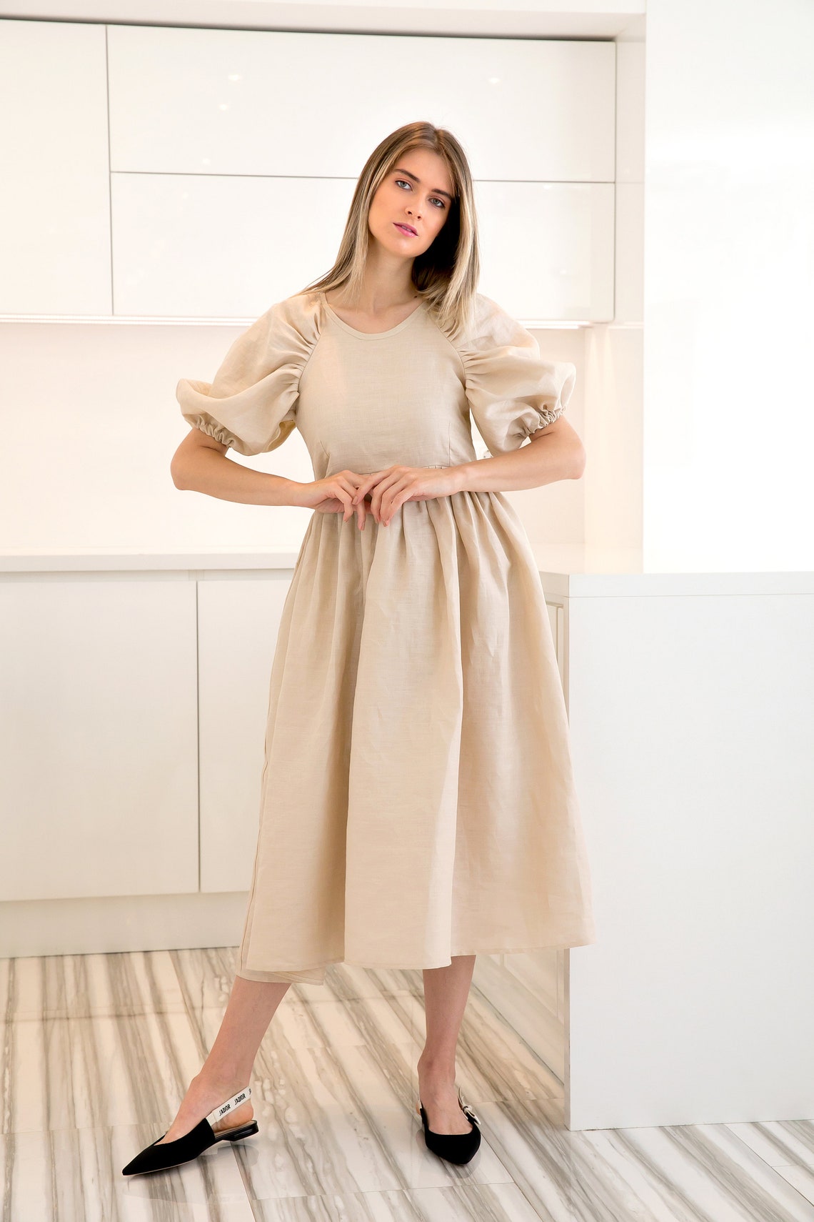 Beige Linen Dress With Oversized Puff Sleeves Linen Boho - Etsy