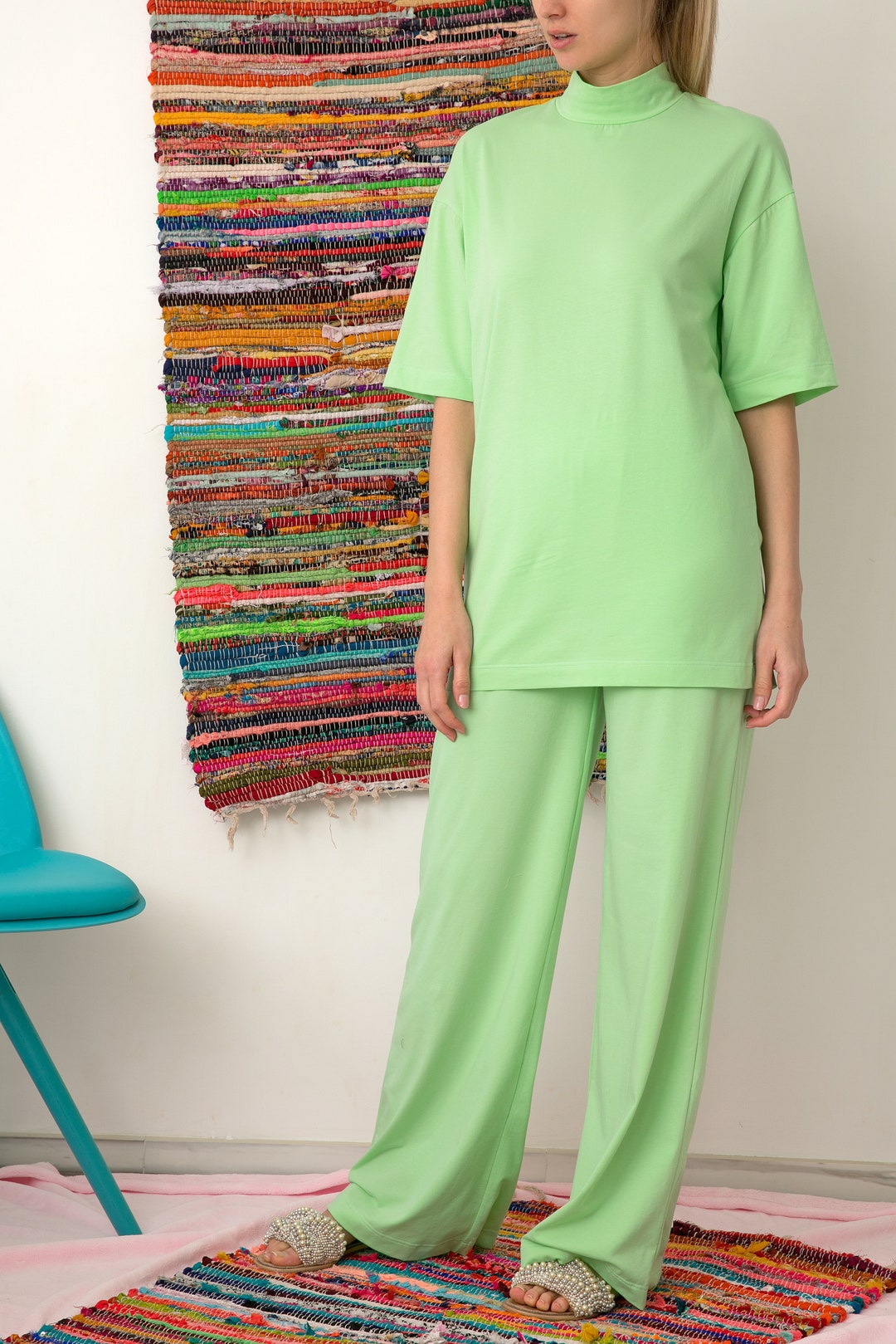 Mint Green Palazzo Pants and Tunic Comfy Set, Women Wide Leg Pants Set ...