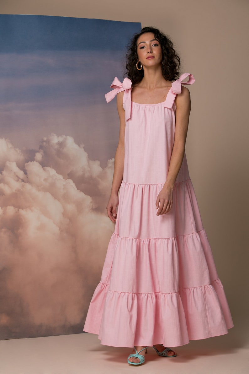 Pink Linen Dress With Shoulder Ribbons Maxi Summer Dress | Etsy