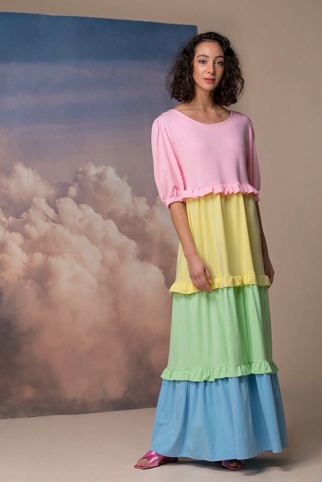 Ruffle Maxi Dress, Rainbow Summer Dress, Boho Maxi Dress, Cotton Dress ...