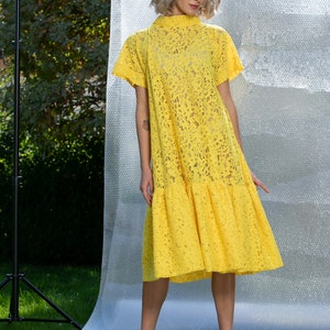 Yellow Lace Dress With High Neck, Spring Dress Women's, Yellow Dress ...