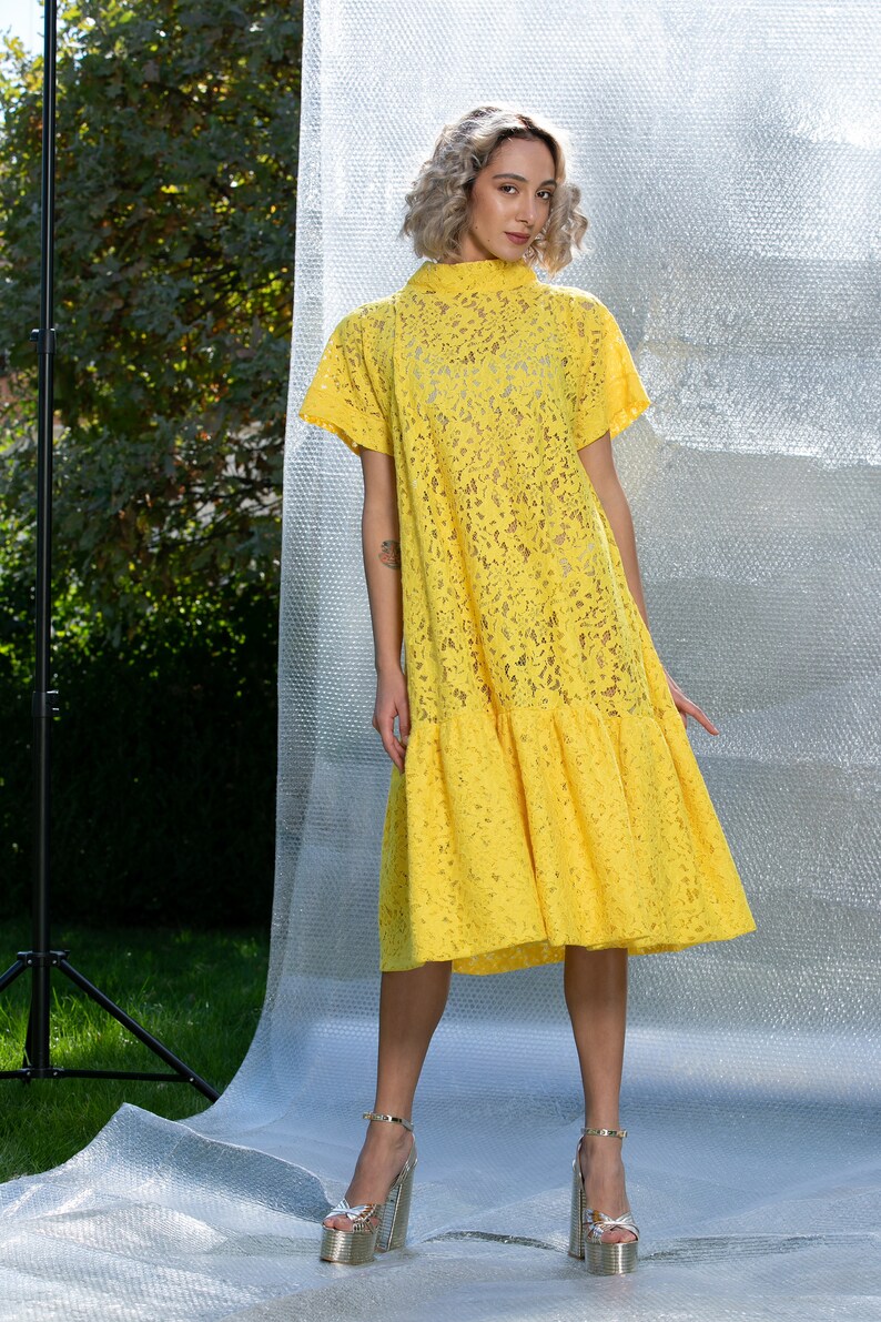Yellow Lace Dress With High Neck Spring Dress Women's - Etsy