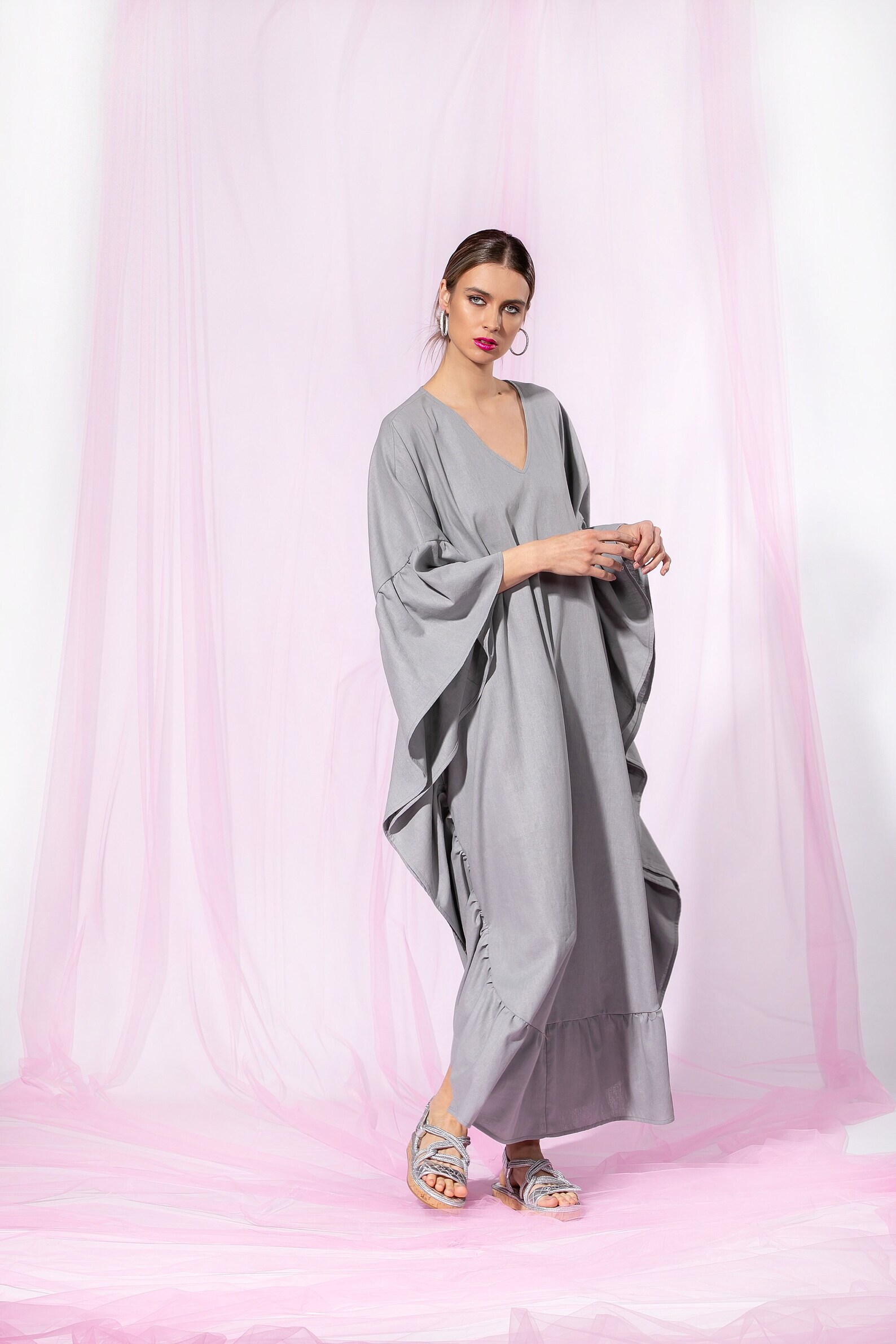 Linen Caftan Dress Comfortable Plus Size Dress Gray Kaftan | Etsy
