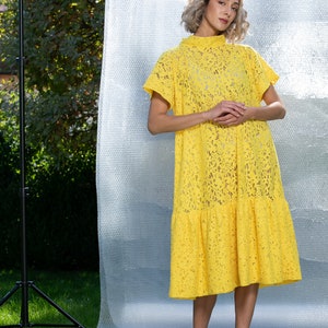 Yellow Lace Dress With High Neck, Spring Dress Women's, Yellow Dress ...