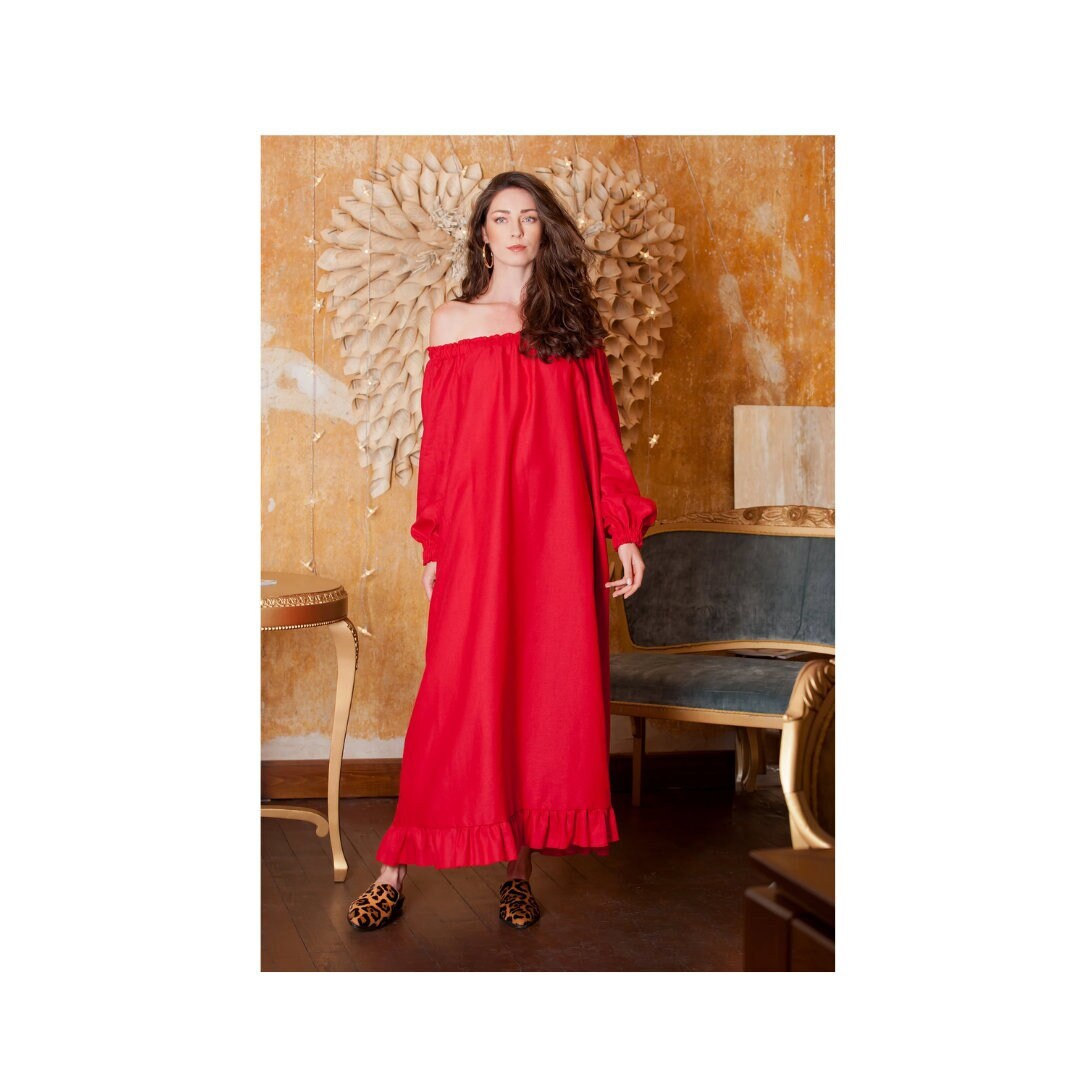 Off Shoulder Red Linen Dress With Long Sleeves, Linen Clothing for ...