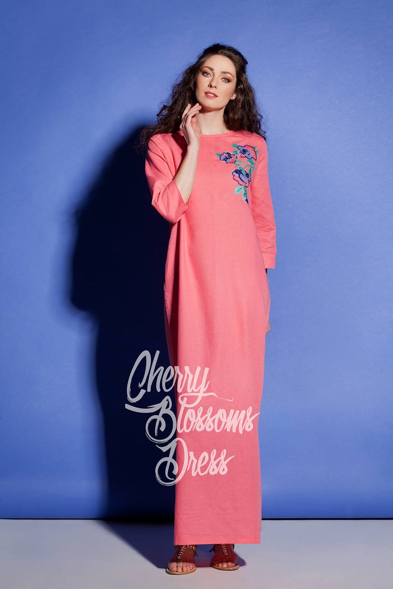 Linen Maxi Dress Embroidered Dress Linen Clothing Plus Size - Etsy