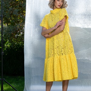Yellow Lace Dress With High Neck, Spring Dress Women's, Yellow Dress ...