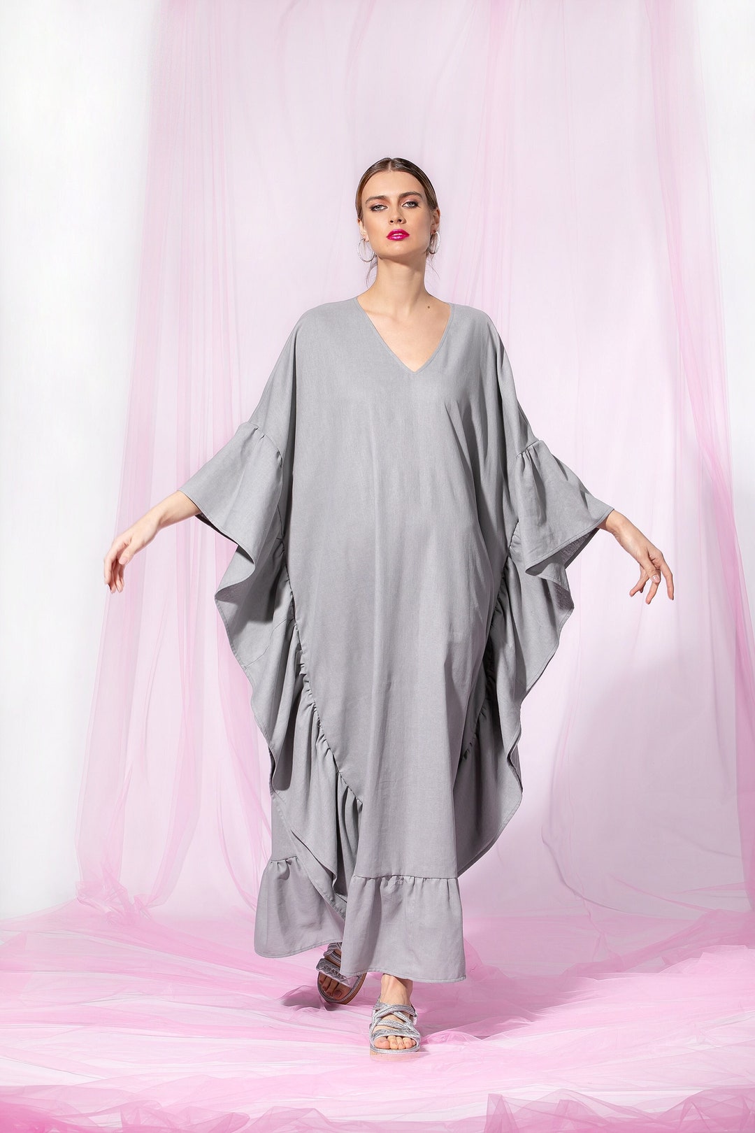 Linen Caftan Dress, Comfortable Plus Size Dress, Gray Kaftan Dress ...