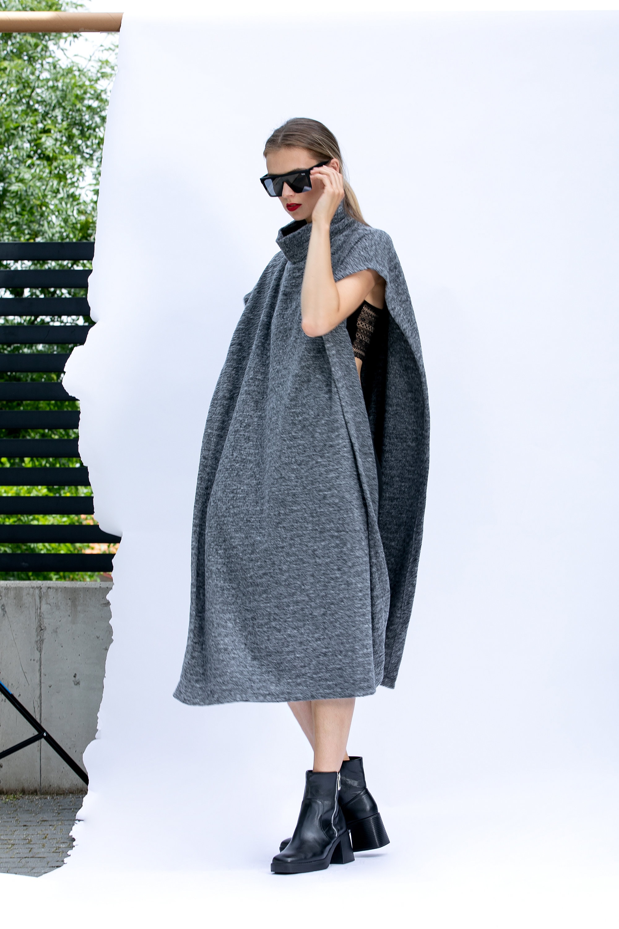 Avant Garde Poncho, Grey Poncho With Turtleneck, Winter Poncho ...