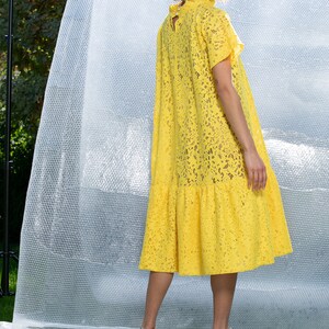 Yellow Lace Dress With High Neck, Spring Dress Women's, Yellow Dress ...