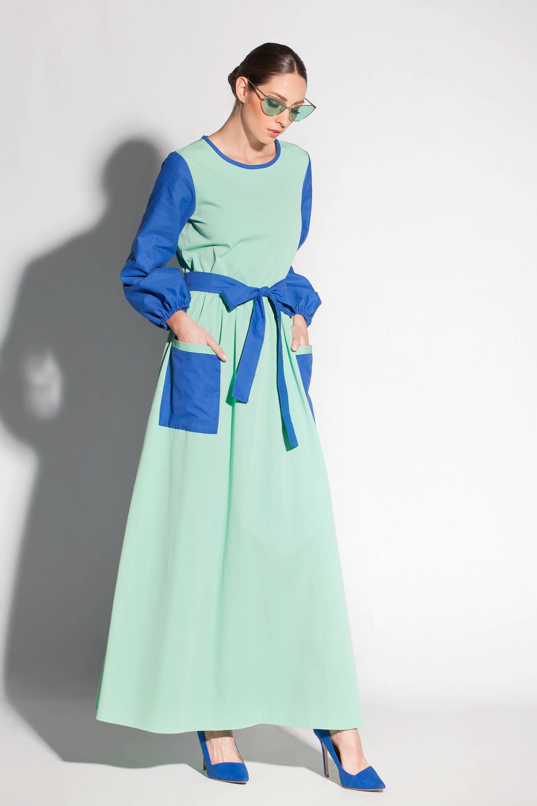 Mint & Blue Colorblock Cotton Maxi Dress, Long Sleeve Caftan - Etsy