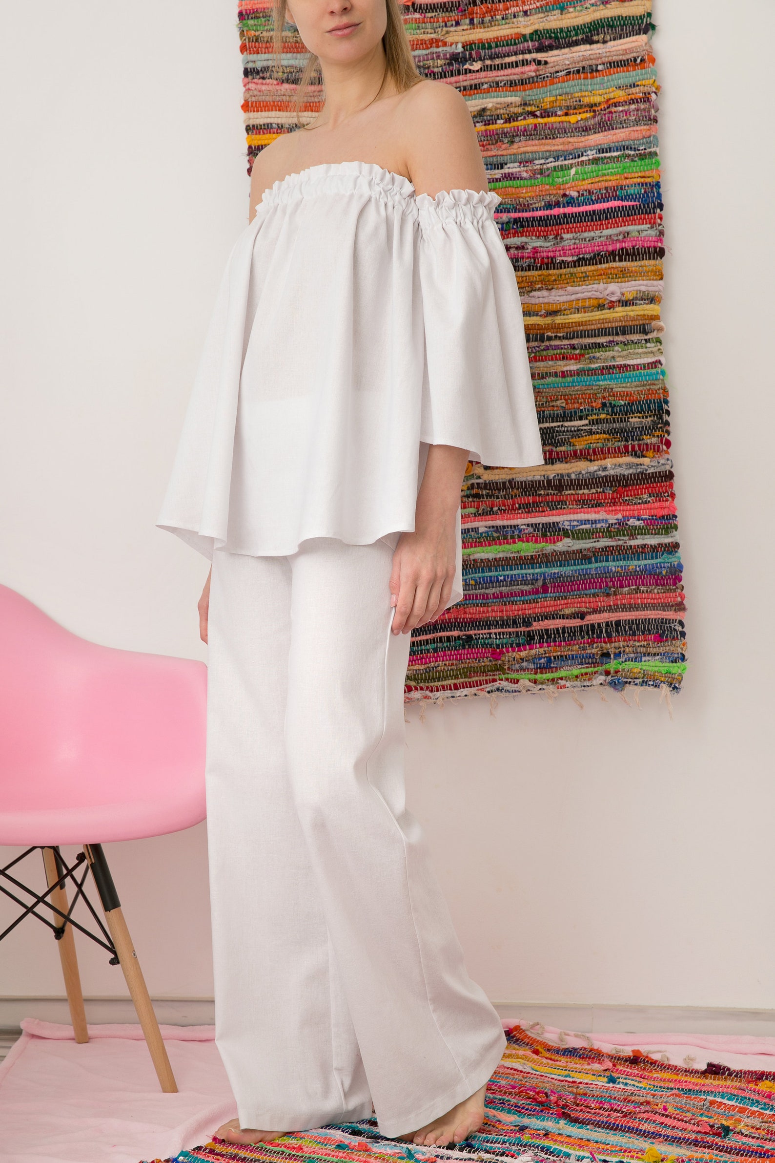 Linen Two Piece Set in White, Linen Top and Linen Pants, Wide Leg Pants ...