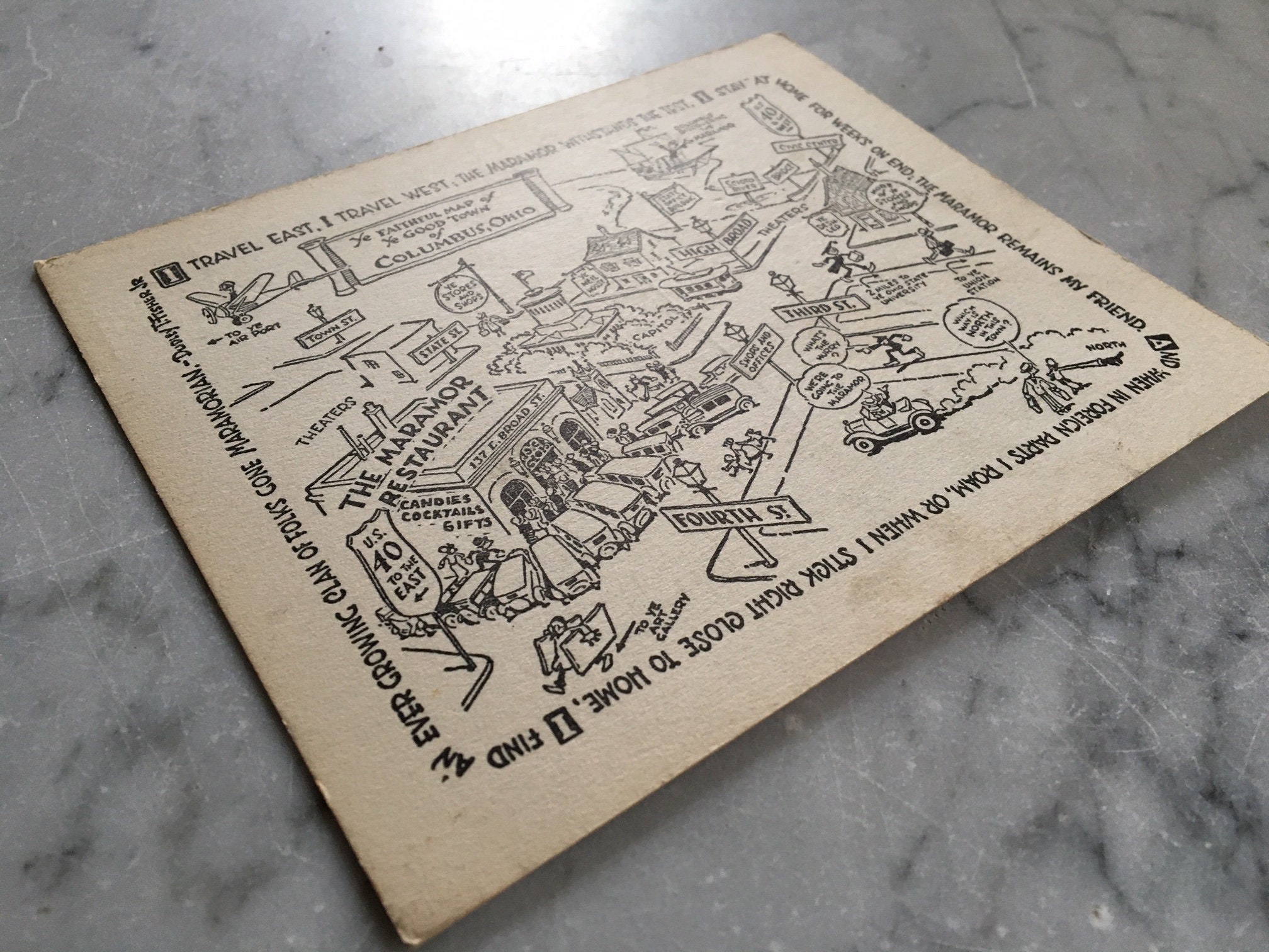 Antique Illustrated Columbus Ohio Postcard, the Maramor Restaurant, Map ...