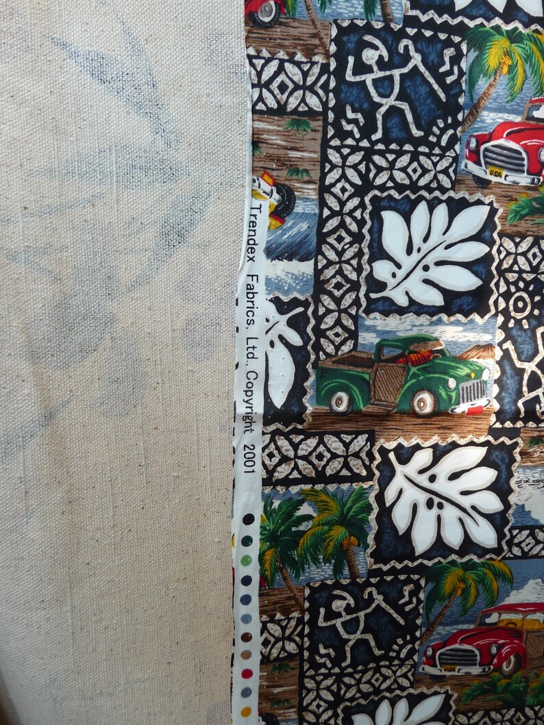 Fabric,hawaiian Print Fabric, Vintage Cars, Large Leaves, Stick Figures ...