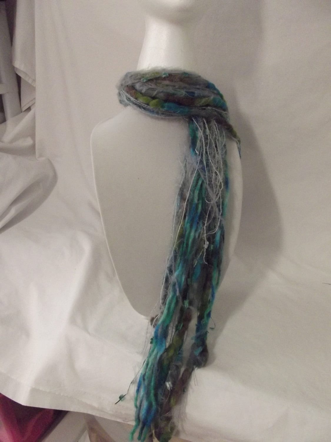 Blue Green FRINGE SCARF, Yarn Scarf, Ribbon Scarf, Scarves Made From ...