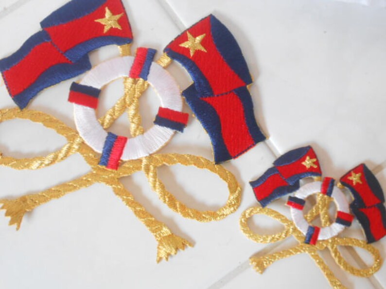 Nautical Applique Navy and Red Banners Gold Rope Lifering Iron - Etsy