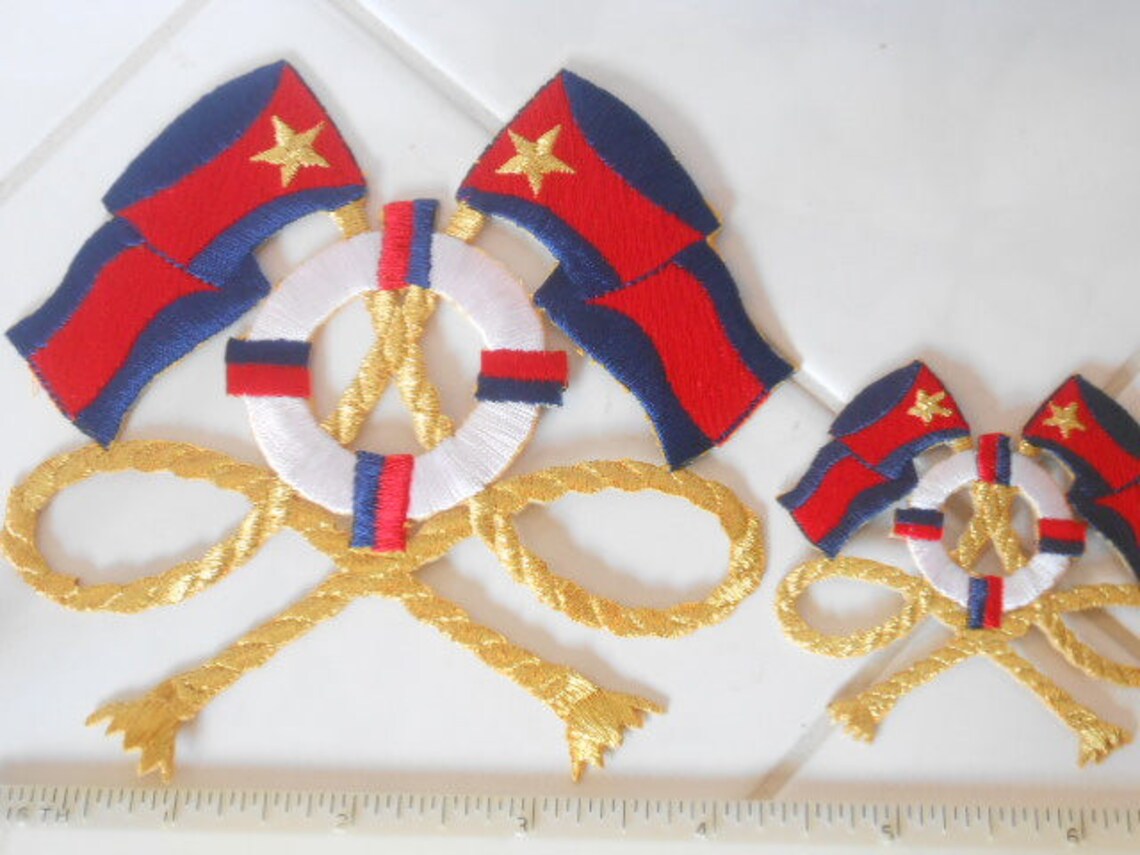 Nautical Applique Navy and Red Banners Gold Rope Lifering Iron | Etsy