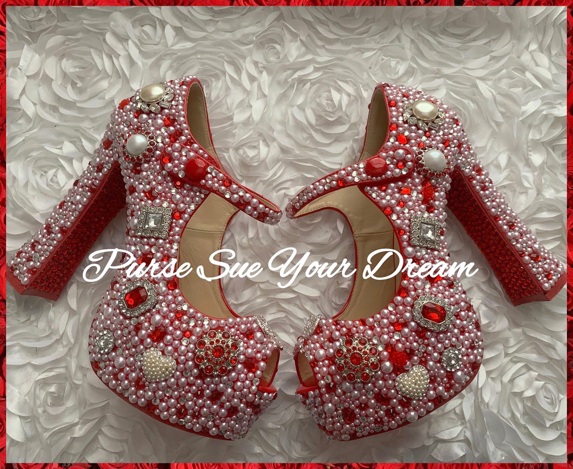 Red Swarovski and Pearl Wedding Heels Pearl Wedding Shoes - Etsy