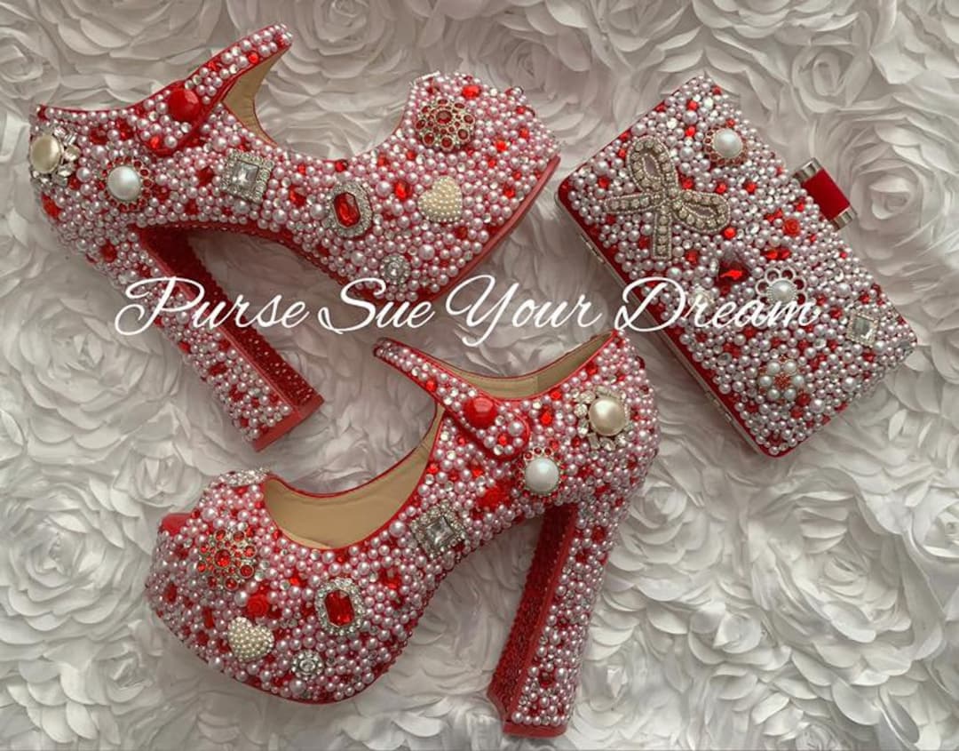 Red Swarovski and Pearl Wedding Heels Pearl Wedding Shoes Red Swarovski ...