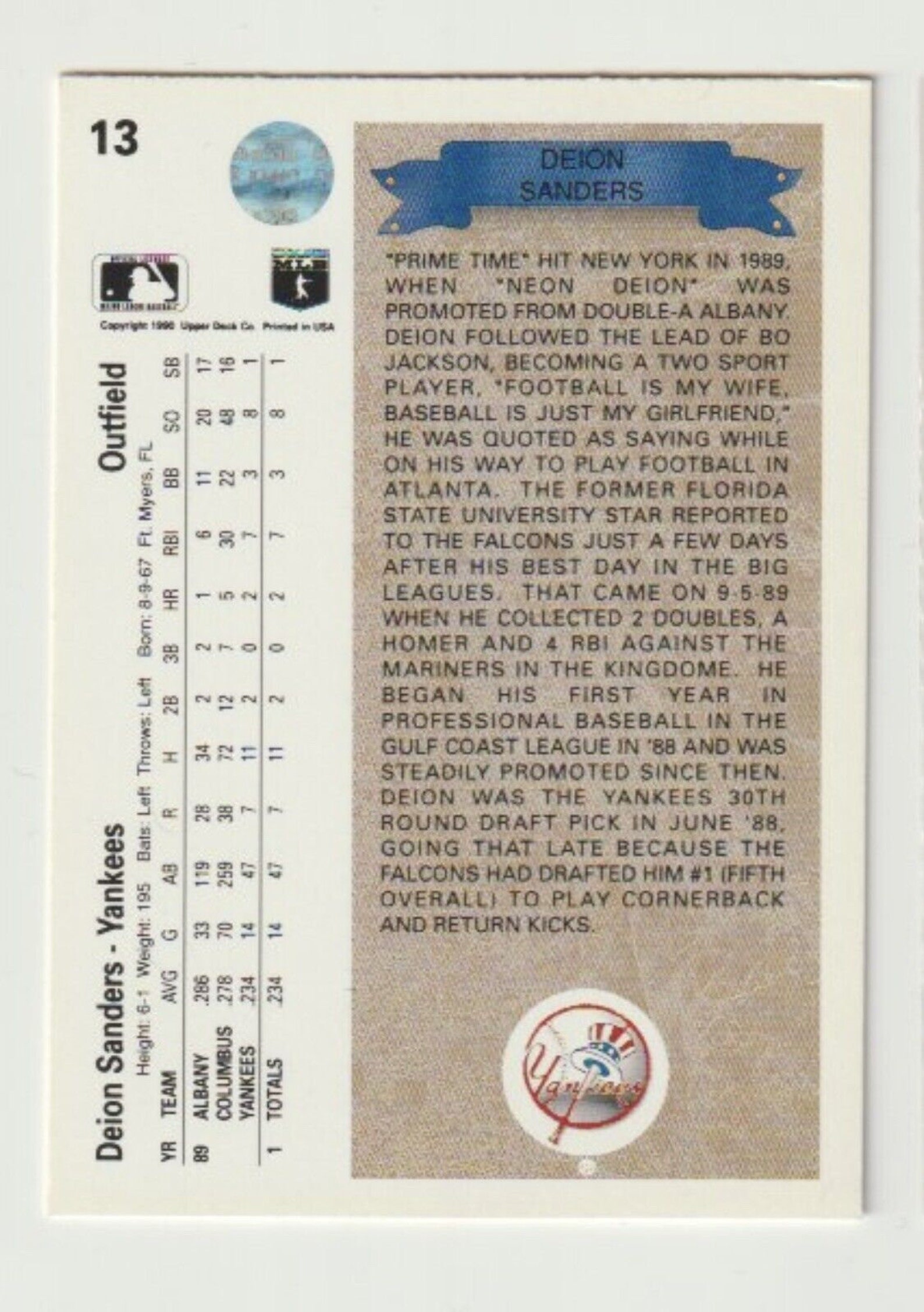1990 Upper Deck Deion Sanders #13 New York Yankees Rookie Card Neon ...