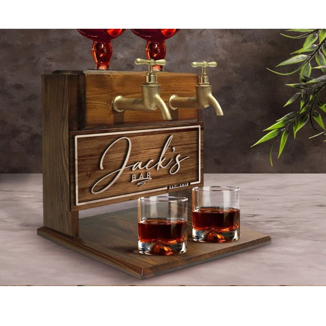 Personalized Embossed Named Wooden Double Faucet Whiskey Dispenser, Bar ...