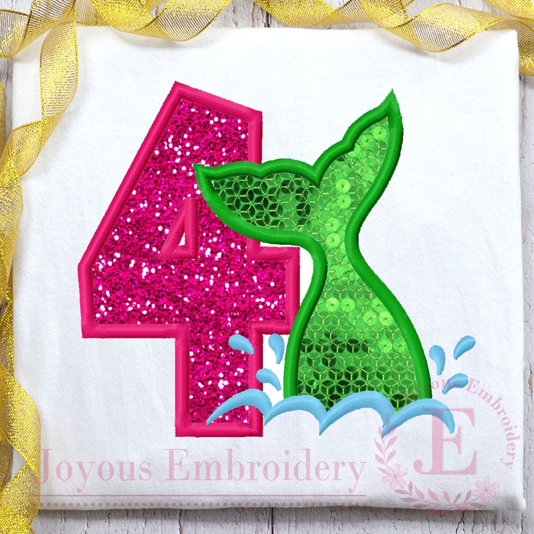 Birthday Mermaid Embroidery Design,mermaid Number 4 Embroidery,birthday ...
