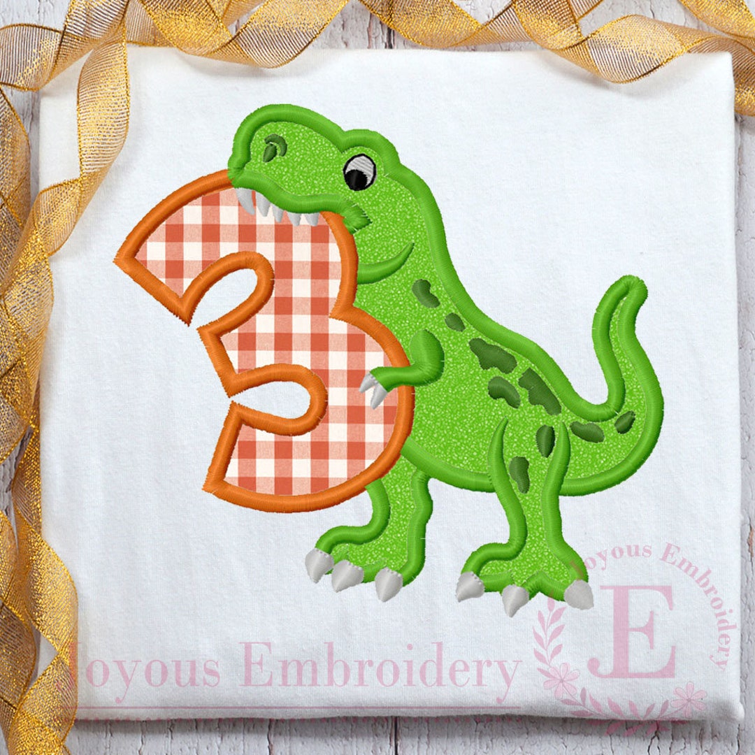 Birthday Dino Embroidery,rex Number 3 Applique Embroidery,birthday ...