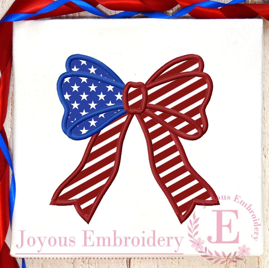4th of July Flag Bow Applique Embroidery Design, Patriotic Bow Machine ...
