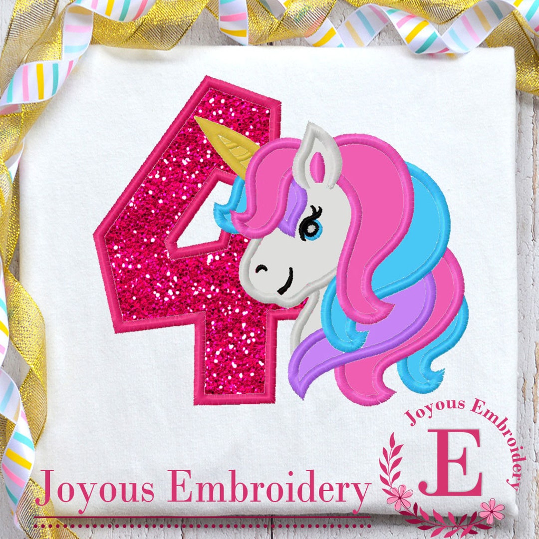 Birthday Unicorn Embroidery Design,unicorn Number 4 Applique Embroidery ...