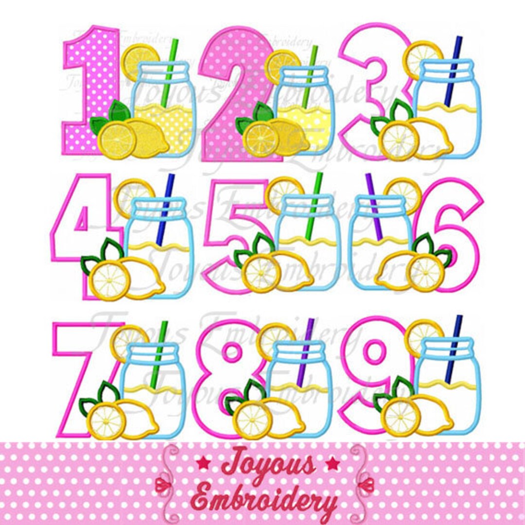 Lemonade Jar Embroidery Design,lemon Numbers 1-9 Applique Embroidery ...