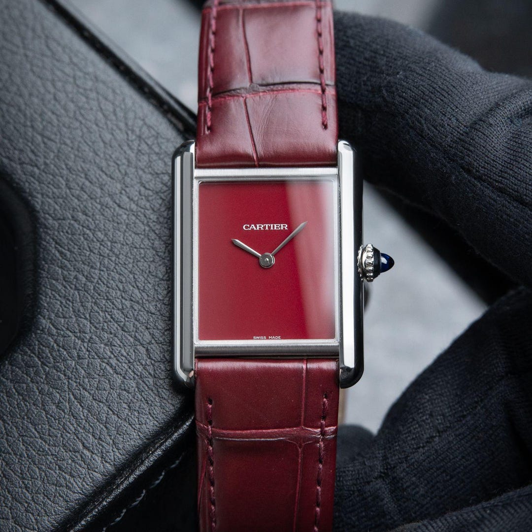 Cartier Tank Must Large Model Burgundy Red Dial Steel Leather Quartz ...