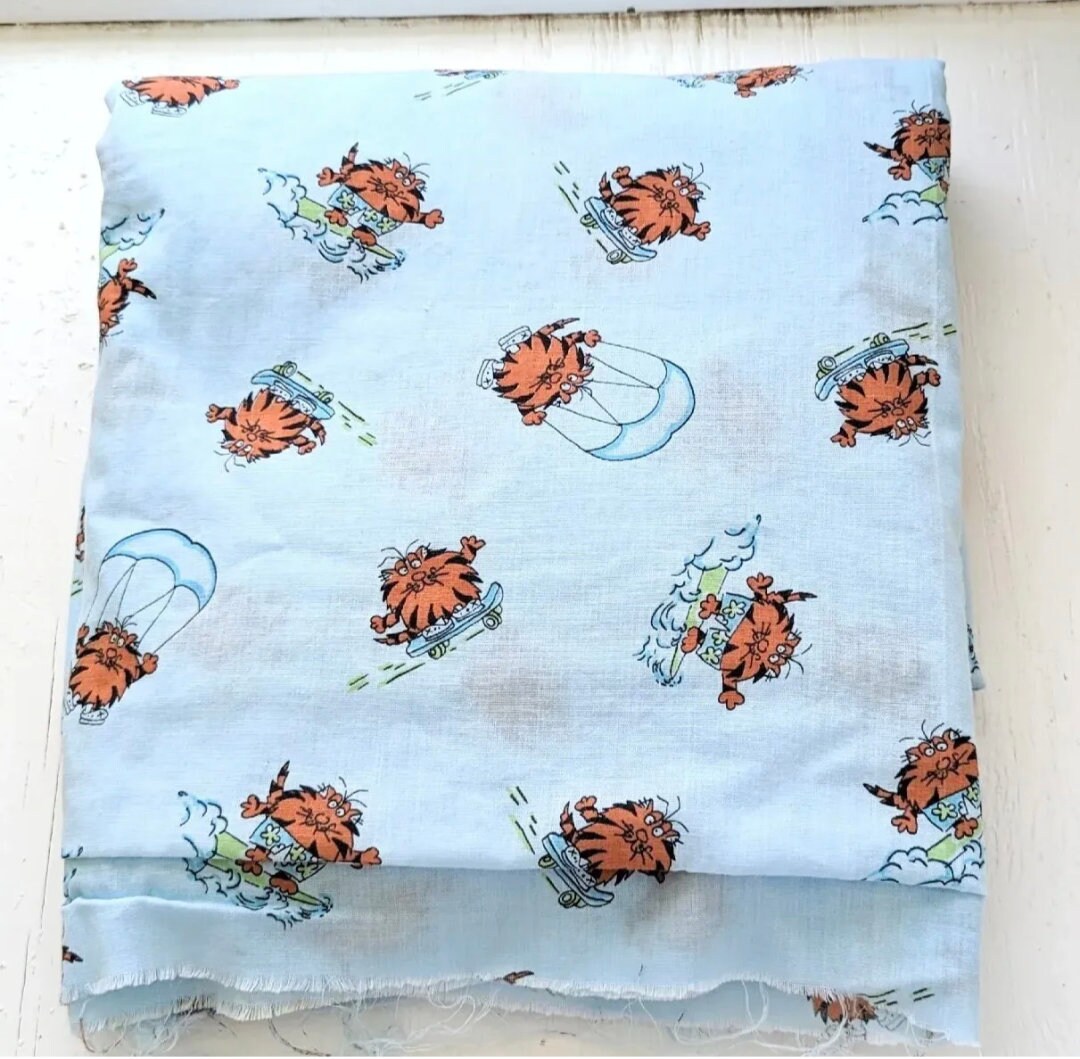 Vintage Fabric Sandra Boynton Cat Cartoon Blue and Orange Over 4 Yards ...