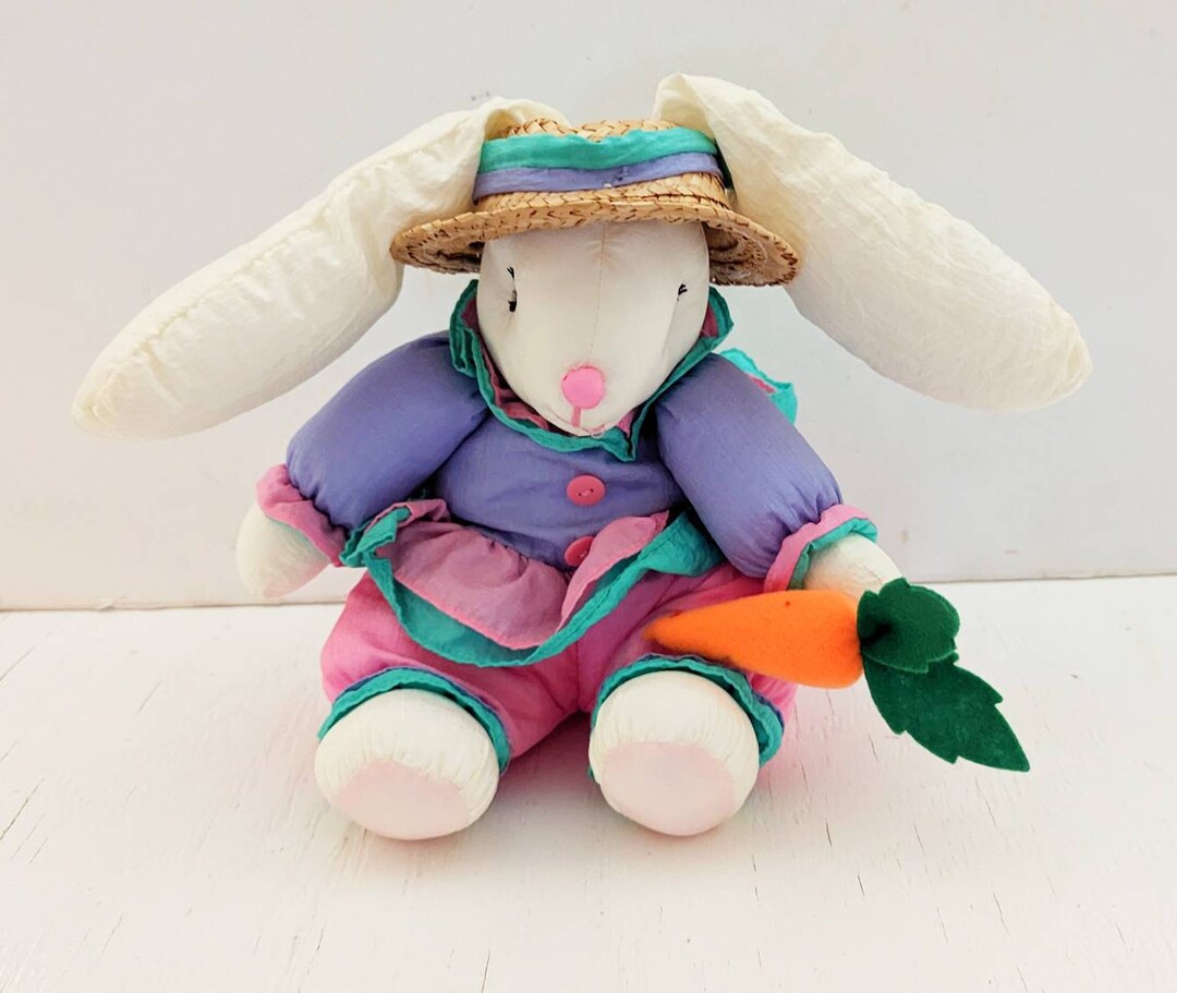 Vintage Bunny Rabbit Plush Nylon 8 Inches Straw Hat & Purple and Pink ...