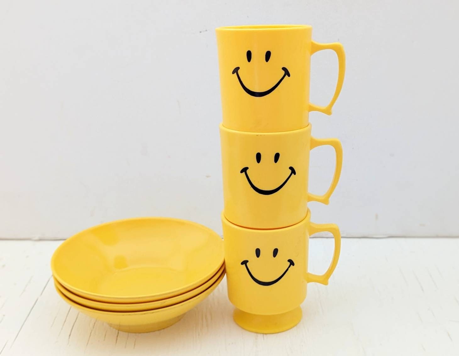 Vintage Smiley Face Cup and Bowl Yellow & Black Melmac Plastic - Etsy