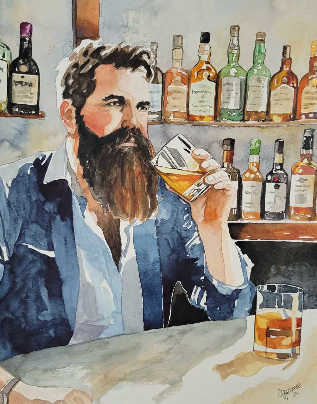 11x15 Original Watercolor Painting "wes Worrying in a Glass of Whiskey ...