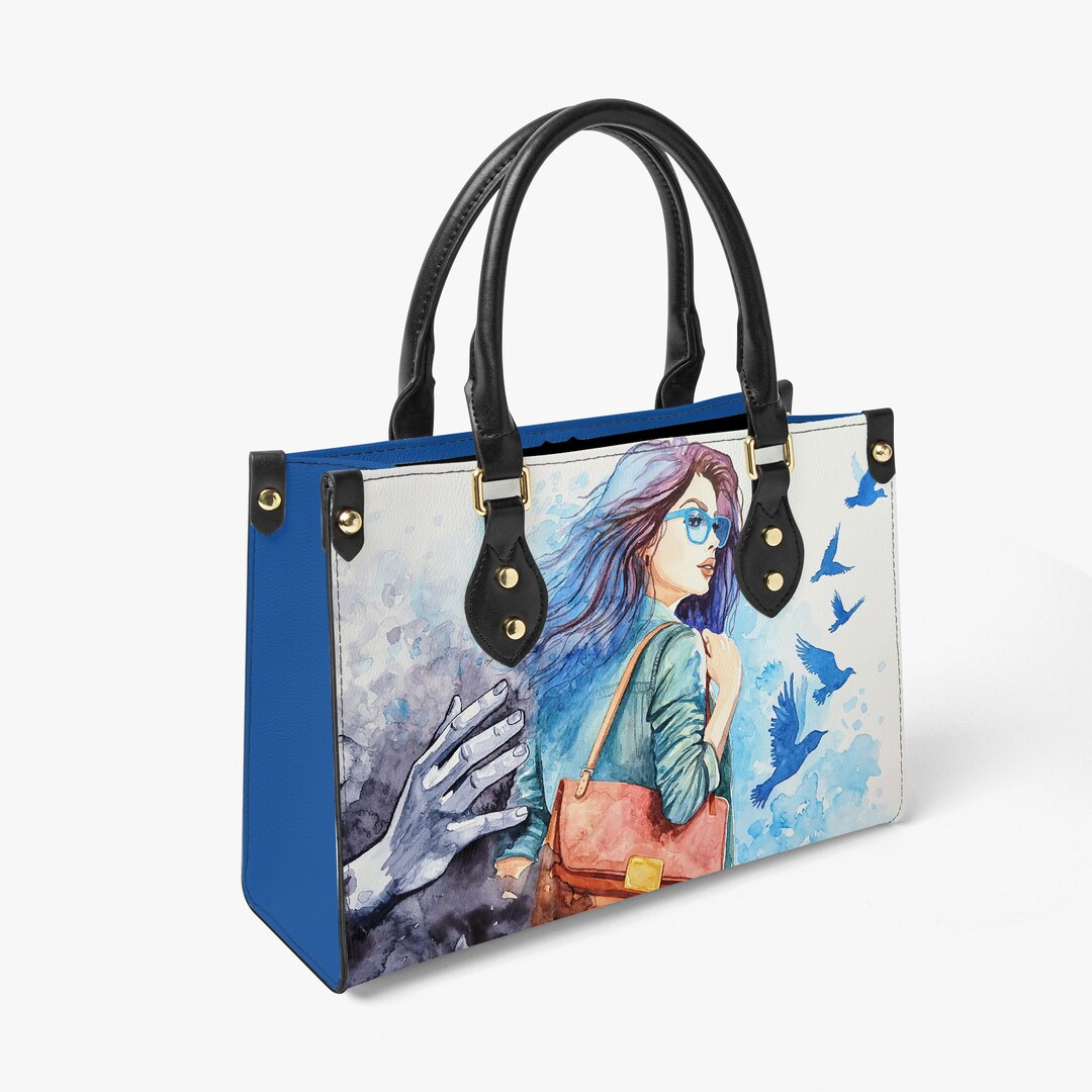 Blue PU Leather Tote Bag, Black or White Long Strap, With Original ...