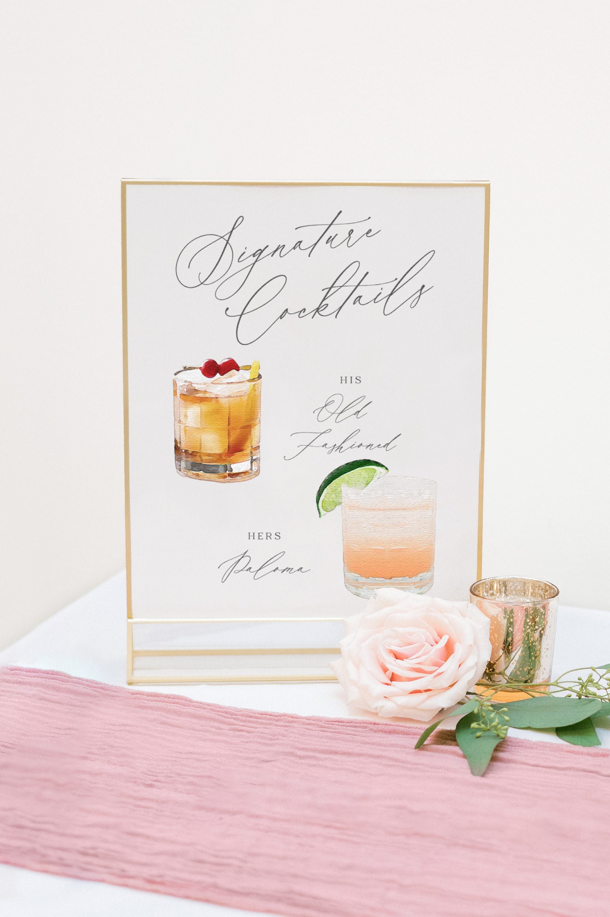 Signature Drink Menu, Wedding Watercolor Cocktail Sign, His and Hers ...