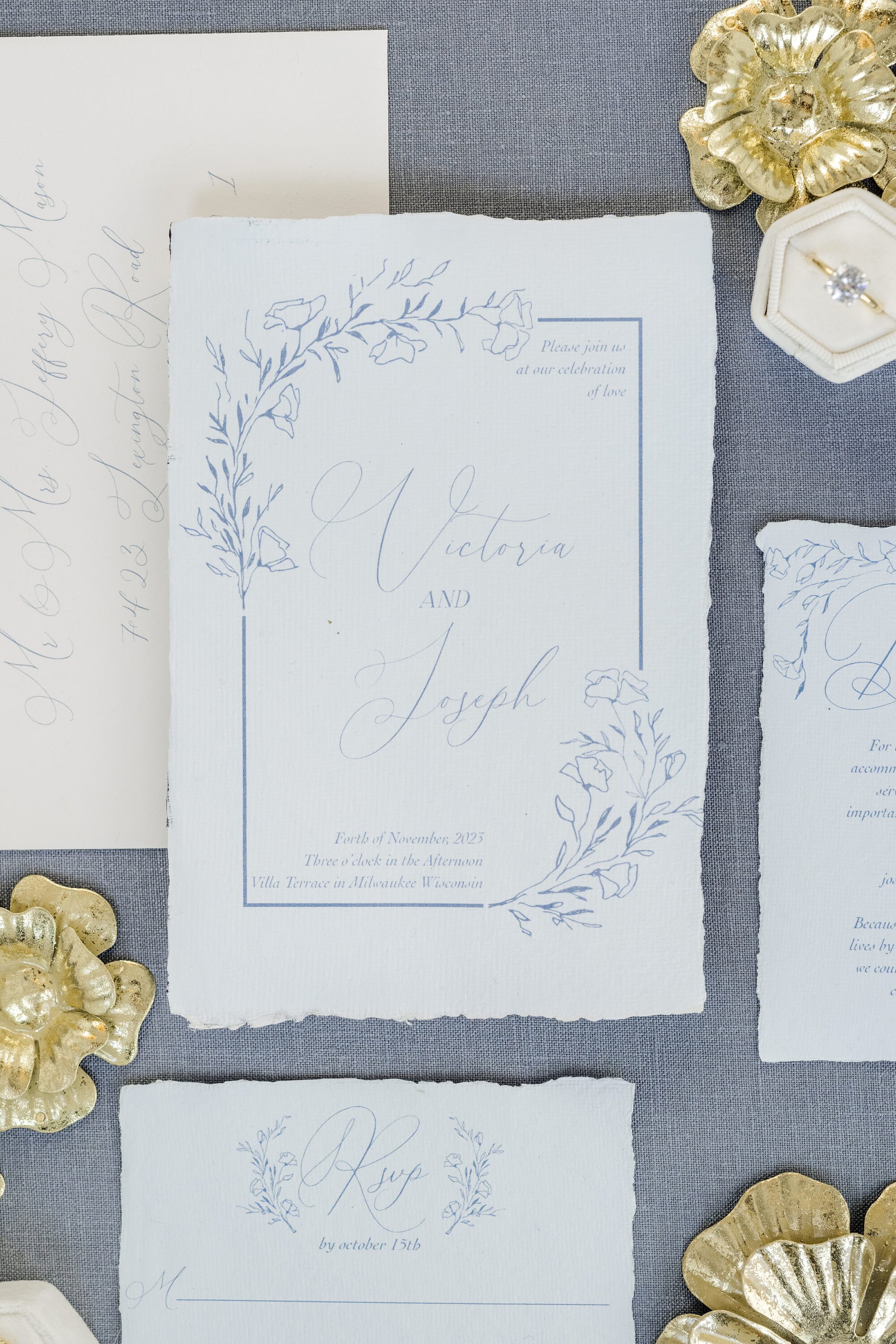 Fine Art Calligraphy Deckle Edge 3 Piece Light Blue Wedding | Etsy