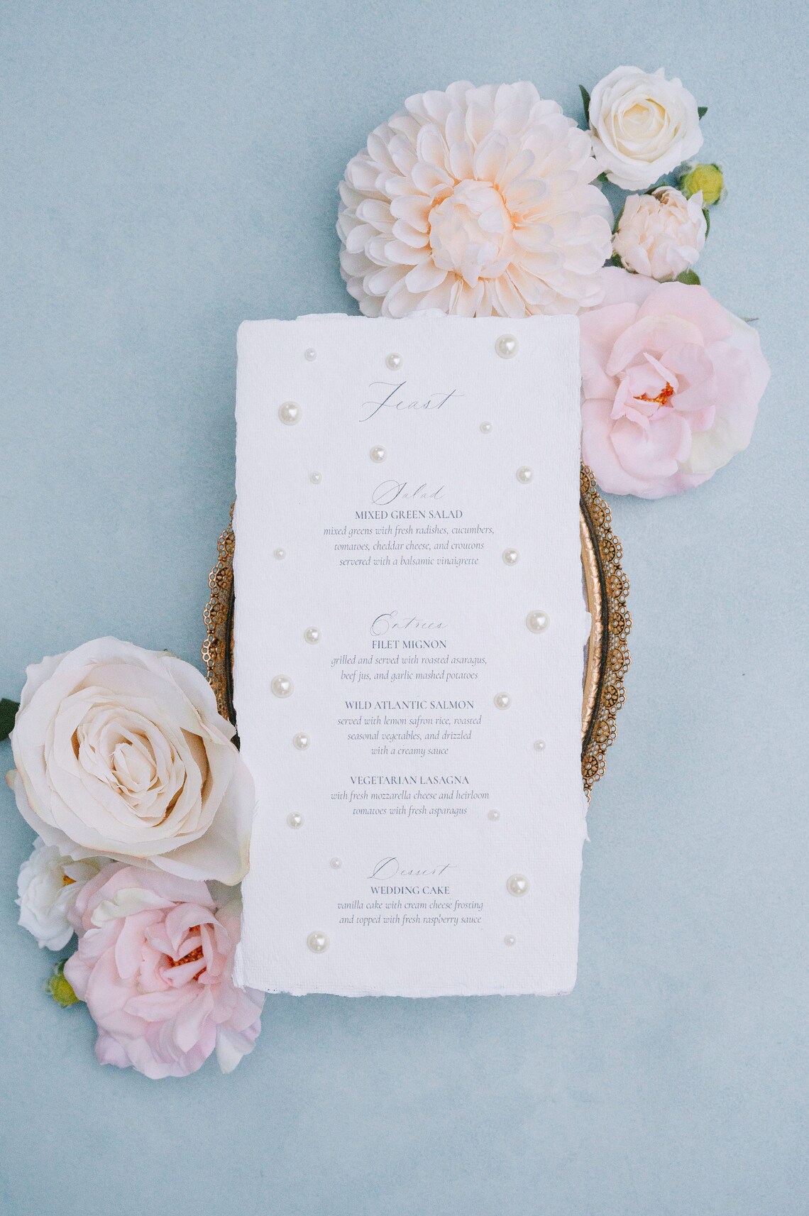 Pearl Embellished Wedding Menu Reception Table Decor Deckle Edge Paper ...