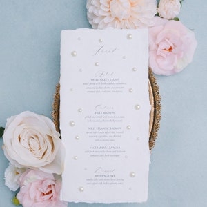 Pearl Embellished Wedding Menu Reception Table Decor Deckle Edge Paper ...