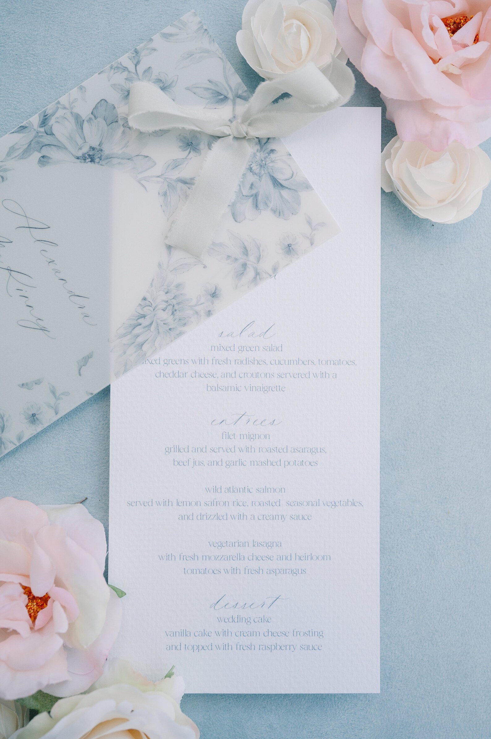 Blue Toile Floral Vellum Layered Wedding Menu Place Card Reception ...