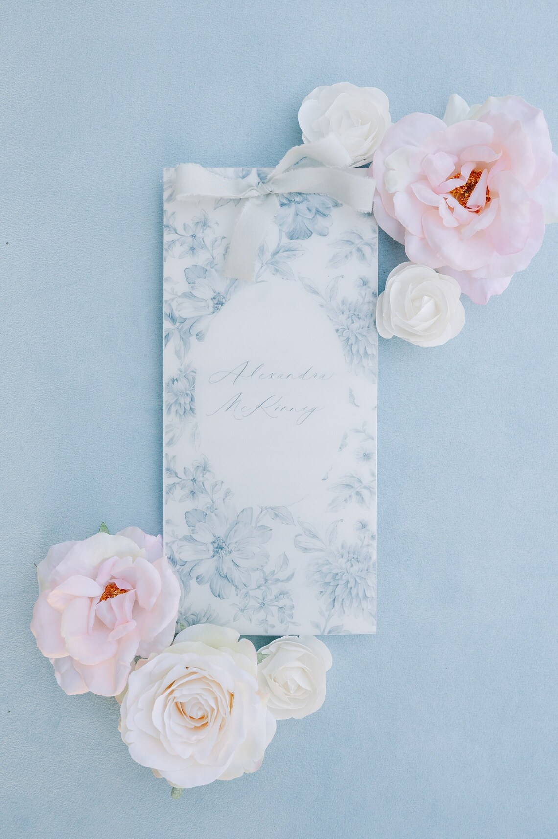 Blue Toile Floral Vellum Layered Wedding Menu Place Card Reception ...