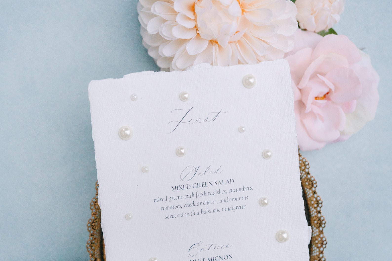 Pearl Embellished Wedding Menu Reception Table Decor Deckle Edge Paper ...
