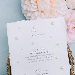 Pearl Embellished Wedding Menu Reception Table Decor Deckle Edge Paper ...