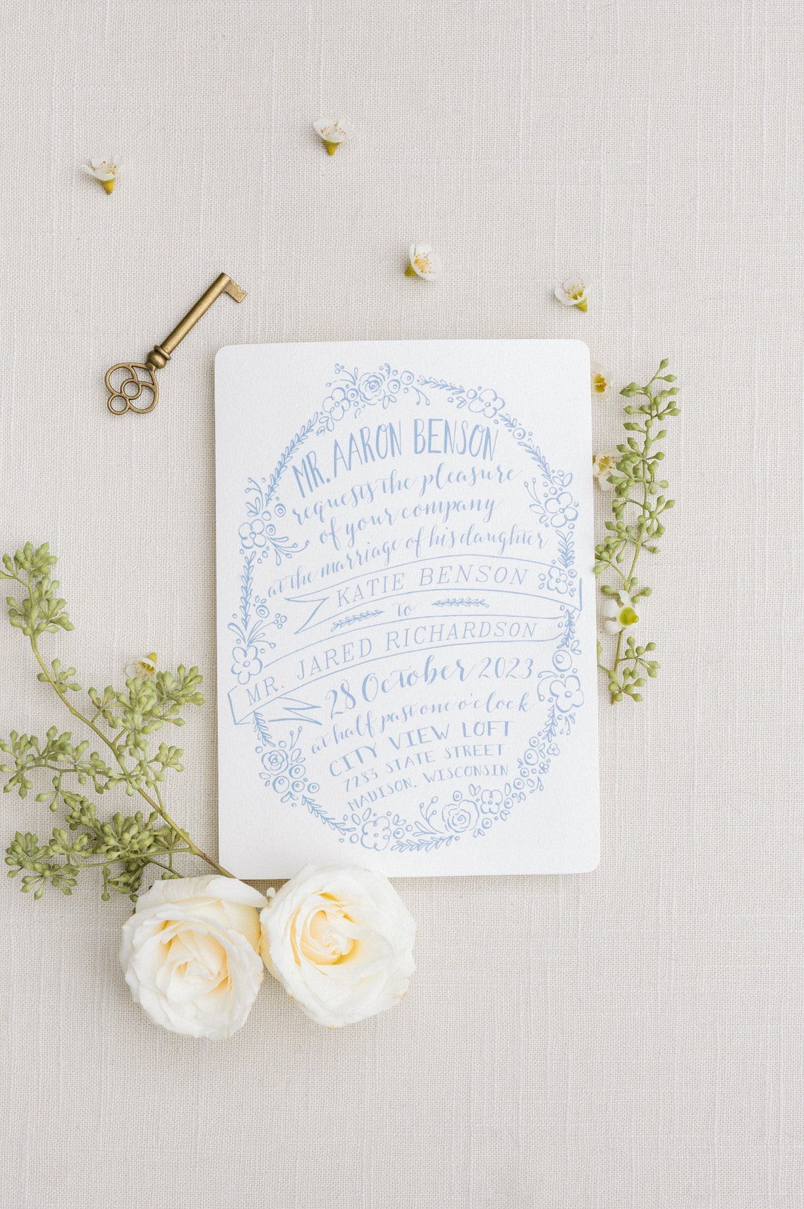 French Blue Illustrated Oval Floral Wreath Wedding Invitation Suite ...