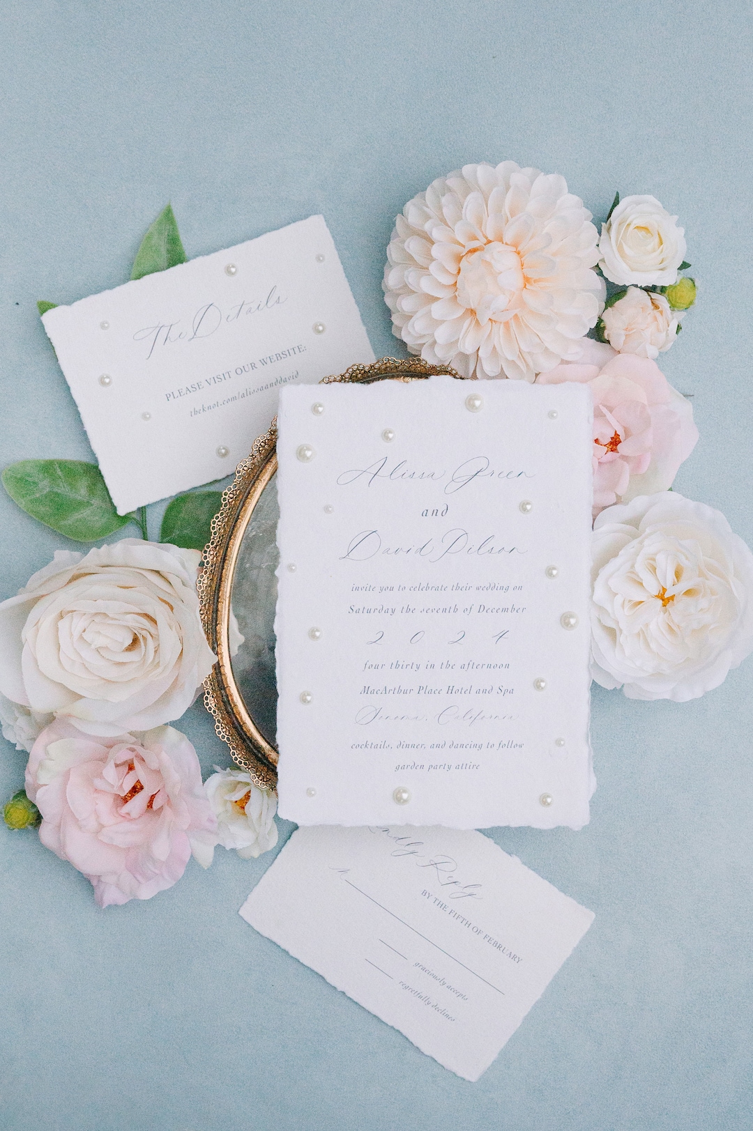 Pearl Embellished Wedding Invitation Suite, 3 Piece Set Deckle Edge ...