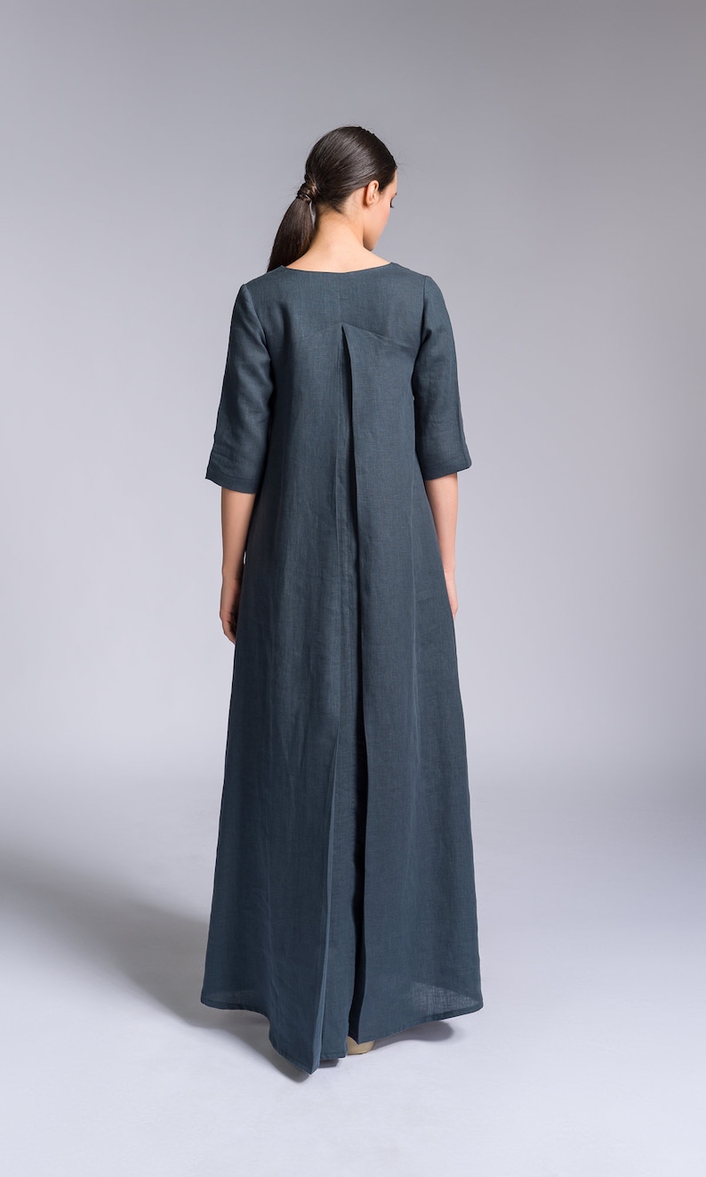 Linen Maxi Dress, Mid-sleeve Pleated Bohemian Gown V Neckline Side ...