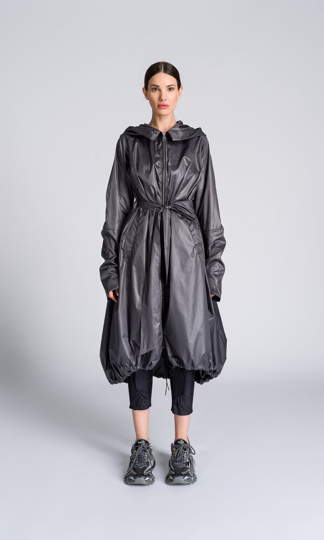 Plus Size Maxi Raincoat Hooded Trench With Belt and Pockets Waterpoof ...
