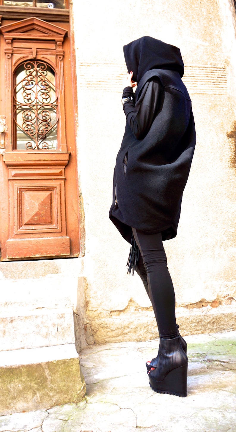 Asymmetric Hooded Vest - Sleeveless Black Wool Coat With Zipper and ...